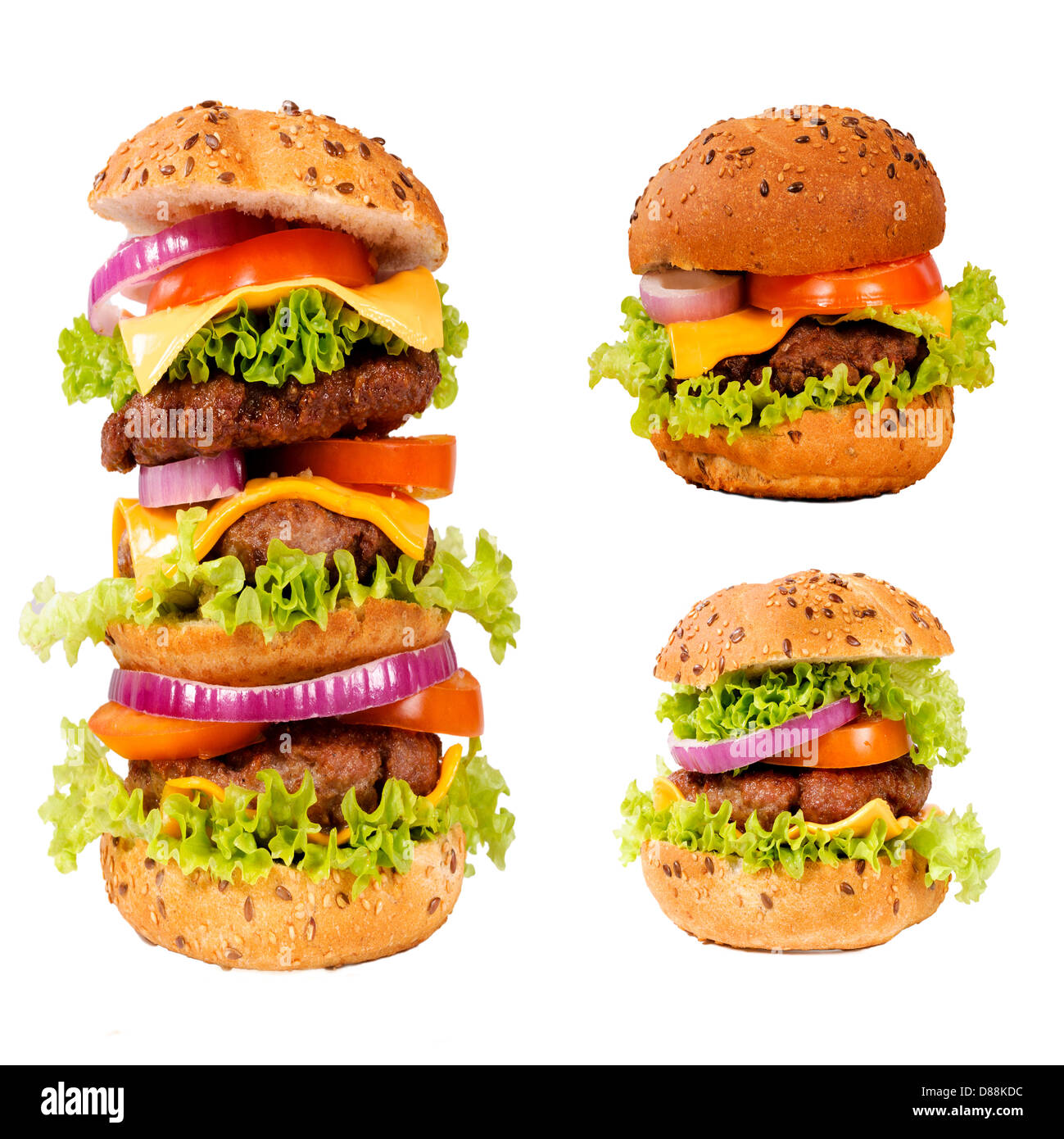 Three tasty hamburgers isolated on white Stock Photo - Alamy
