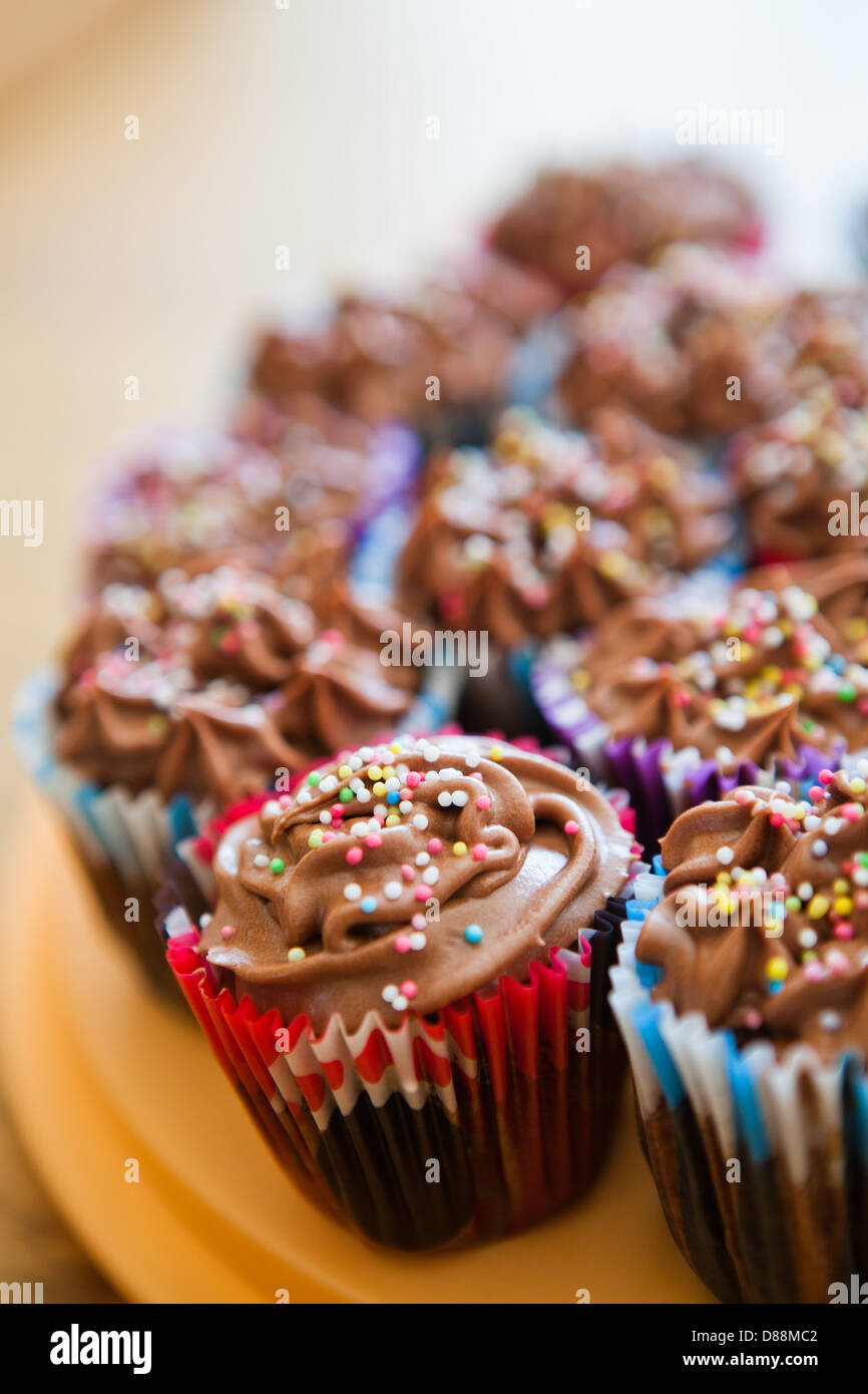 Closeup of chocolate cupcakes with decorative sprinkles on plastic tray ...