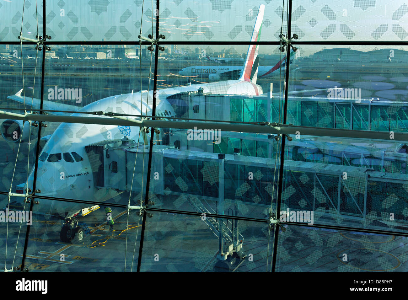 Airbus A380 Aircraft seen through window at Dubai Airport Stock Photo ...