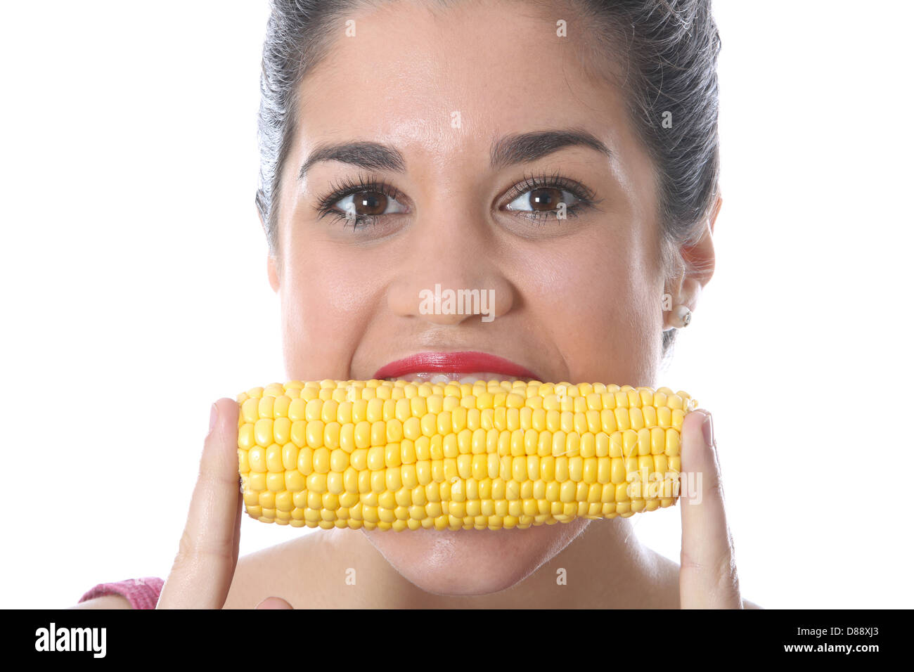 Happy Healthy Young Woman Holding And Eating Fresh Ripe Sweet Corn On ...