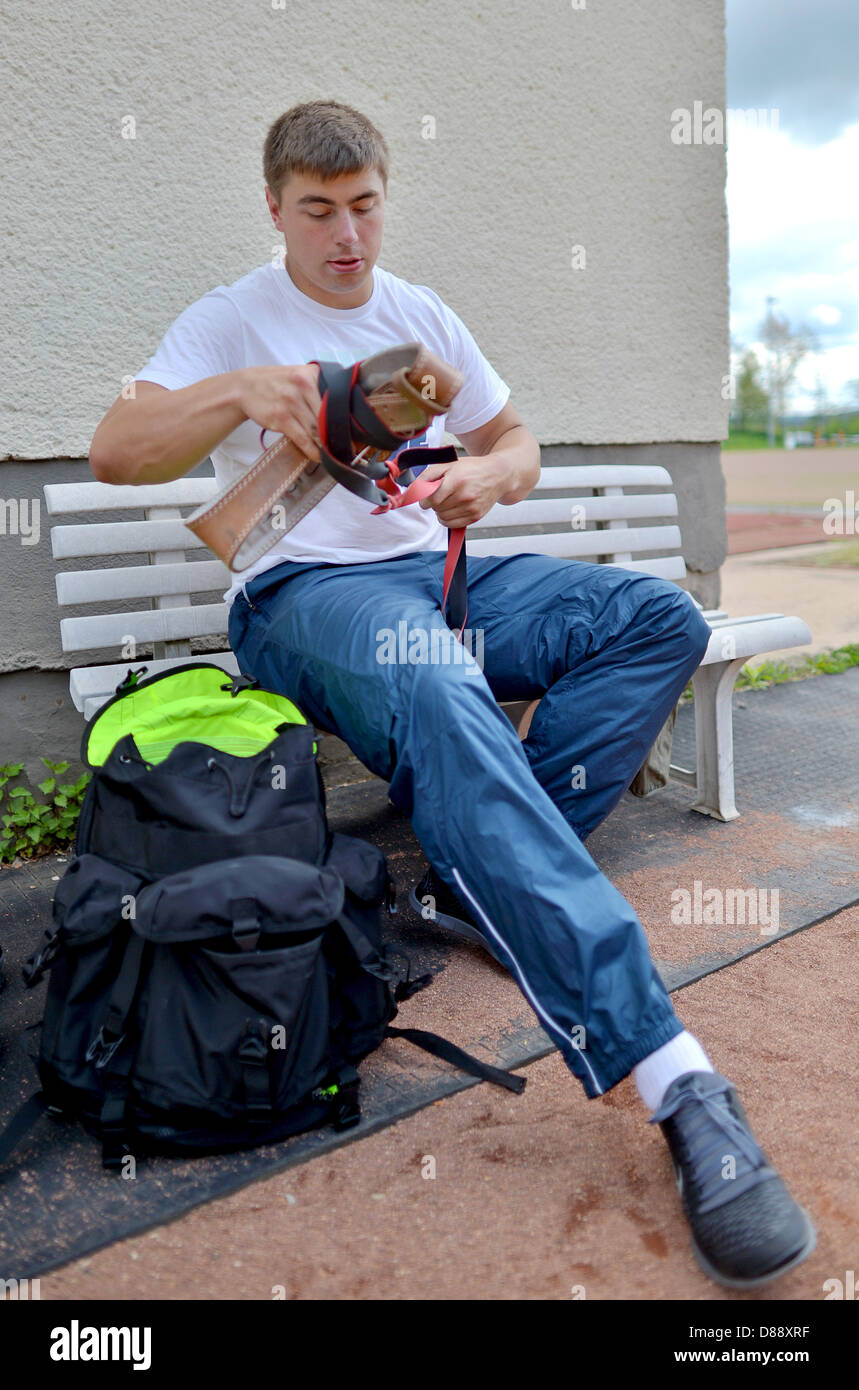 Shot Put world champion David Storl sits on a bench after a training ...