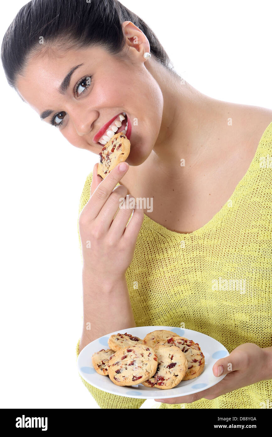 Happy Young Woman On A Diet Cheating By Eating Chocolate Chip Cookies ...
