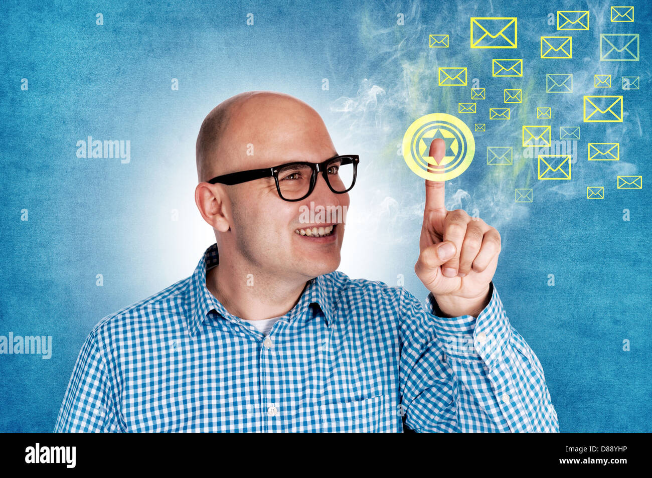 Man touching the yellow button Stock Photo - Alamy