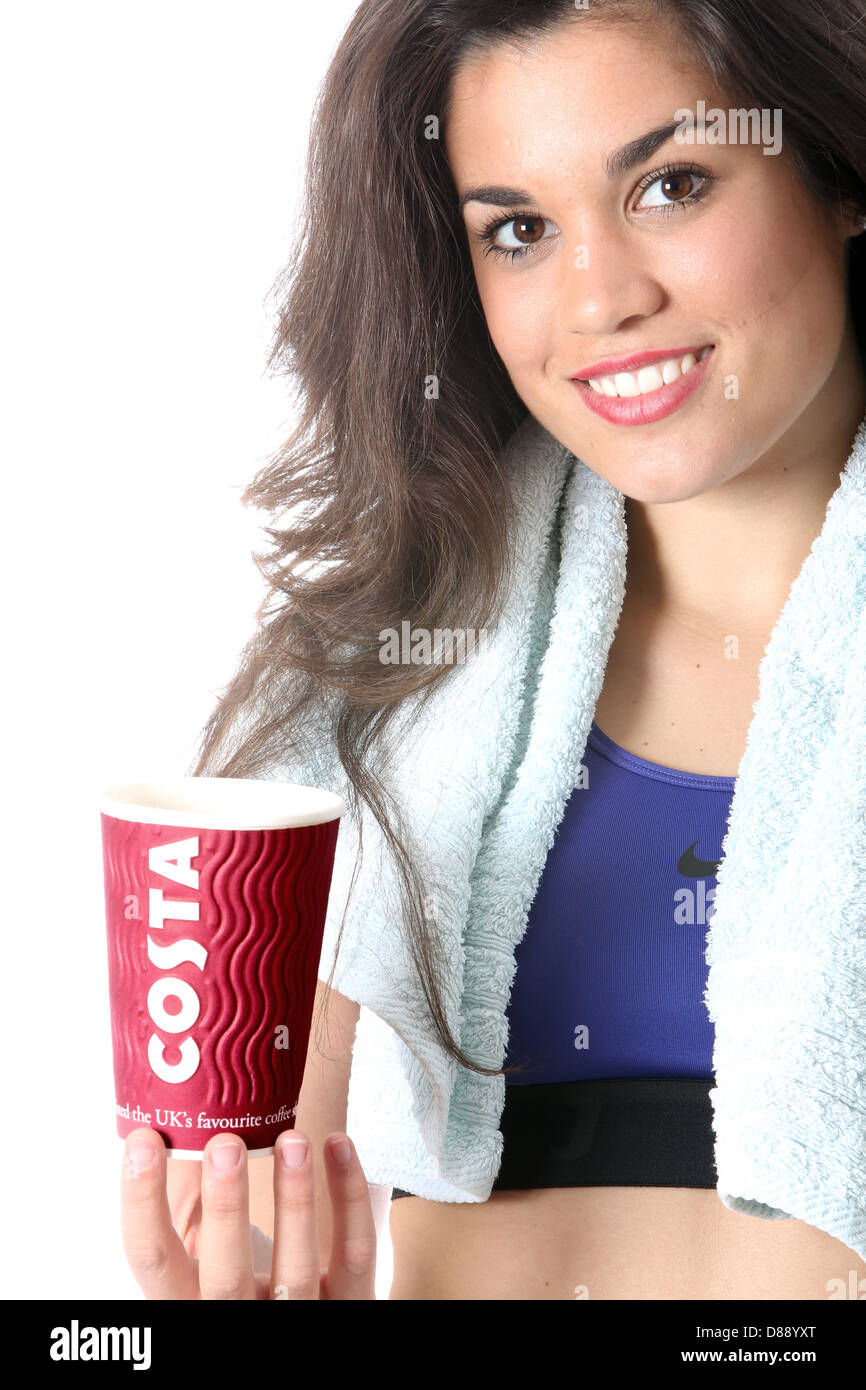 Fit And Healthy Young European Woman With Dark Hair Holding A Takeaway ...