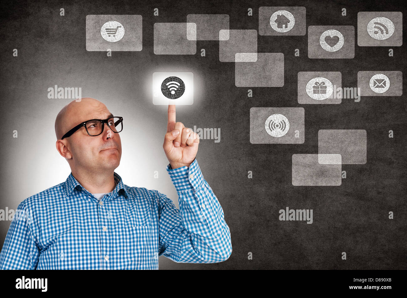 Man touching wireless connection button Stock Photo - Alamy