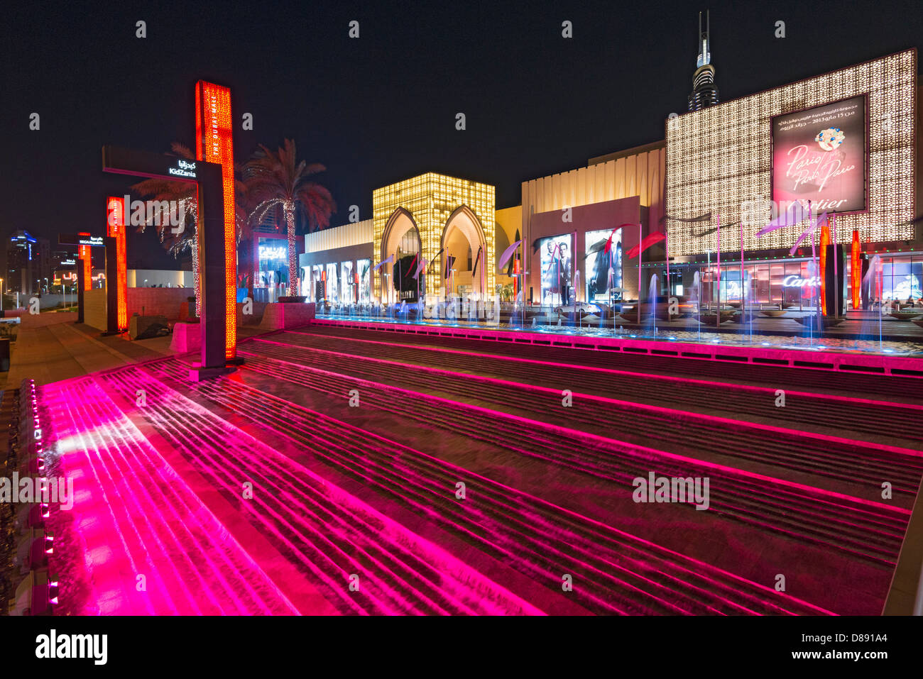 exterior night view of Dubai Mall, the world's largest, in Dubai United ...
