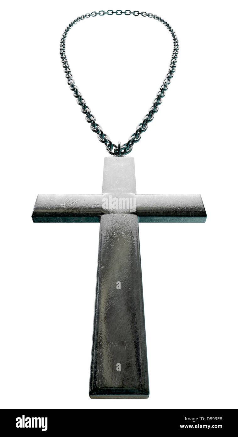 A closeup of a plain metal crucifix attached to a metal chain on an ...