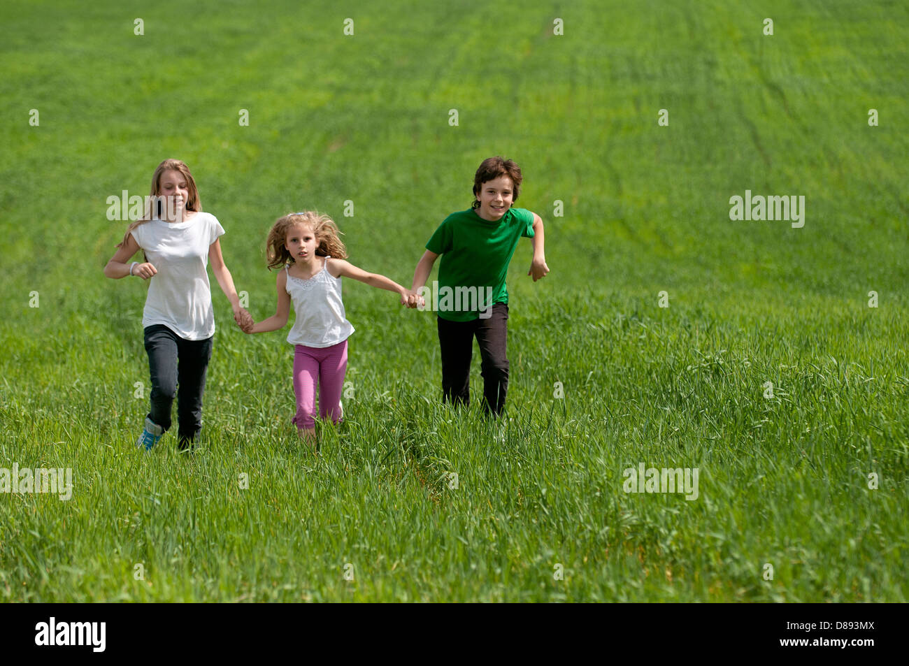 Children running on green meadow field Stock Photo - Alamy