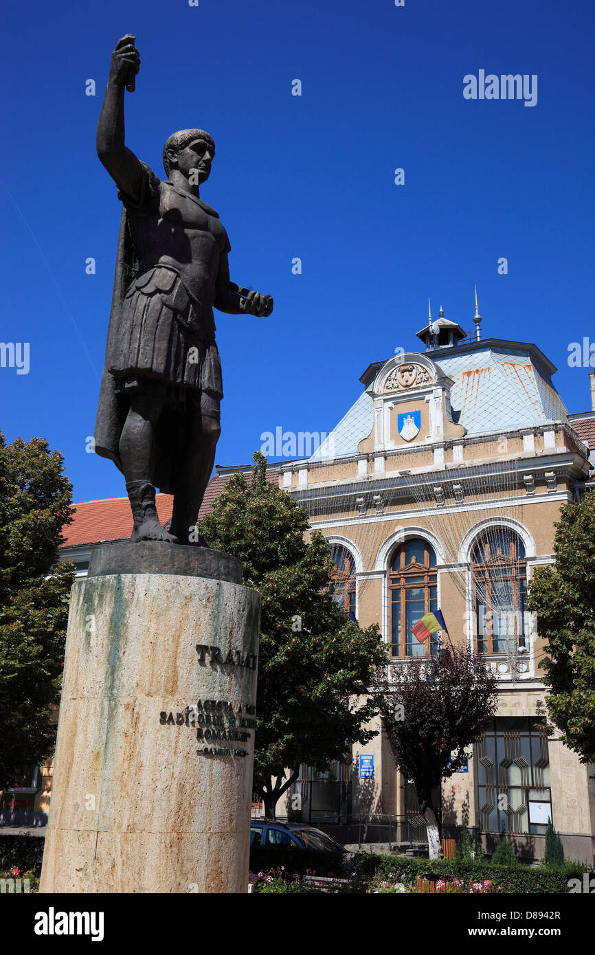 Deva; statue of the Roman emperor Trajan in front of the Town Hall ...