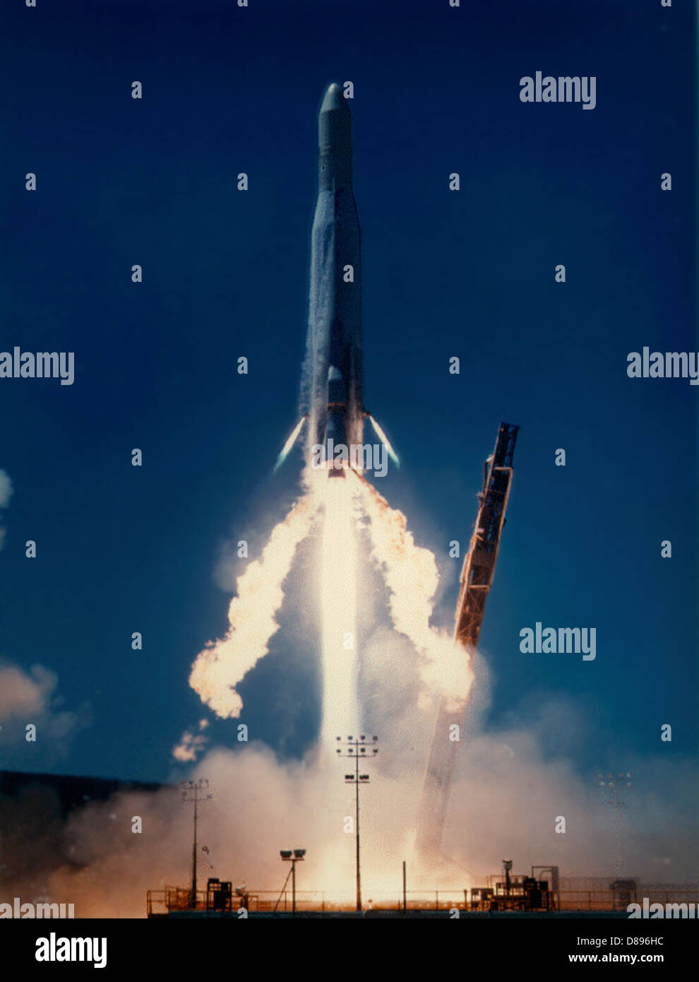 The Atlas-E-F rocket, equipped with a solid fuel upper stage, is shown ...