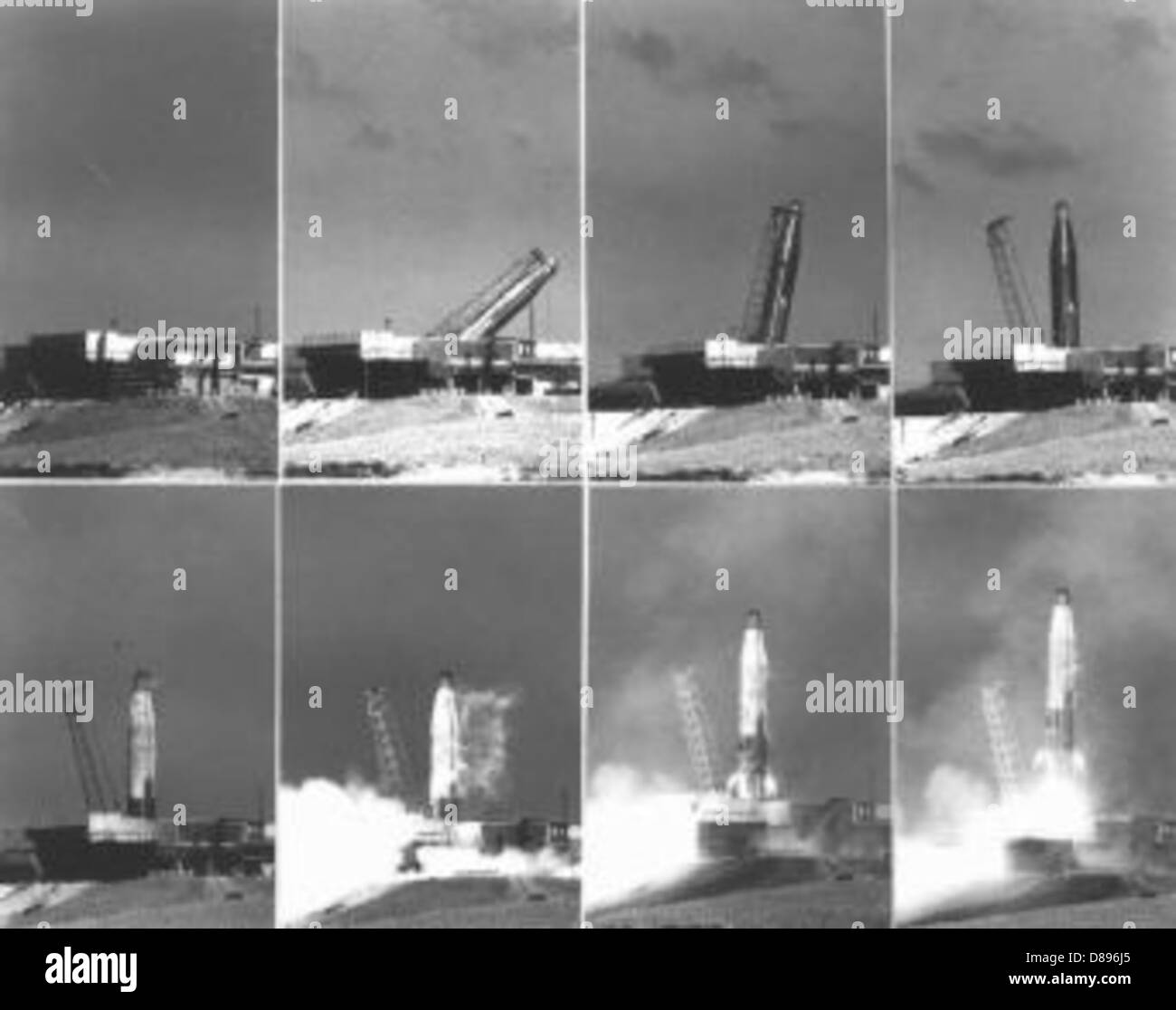 NASA’s Atlas ICBM rocket stands on its erector at launch, ready to be ...