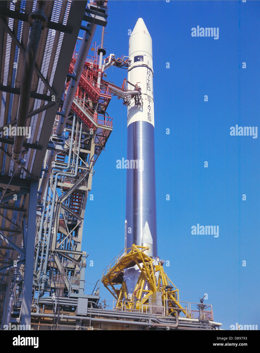 The Atlas Centaur rocket with the Pioneer 10 spacecraft is prepared for ...