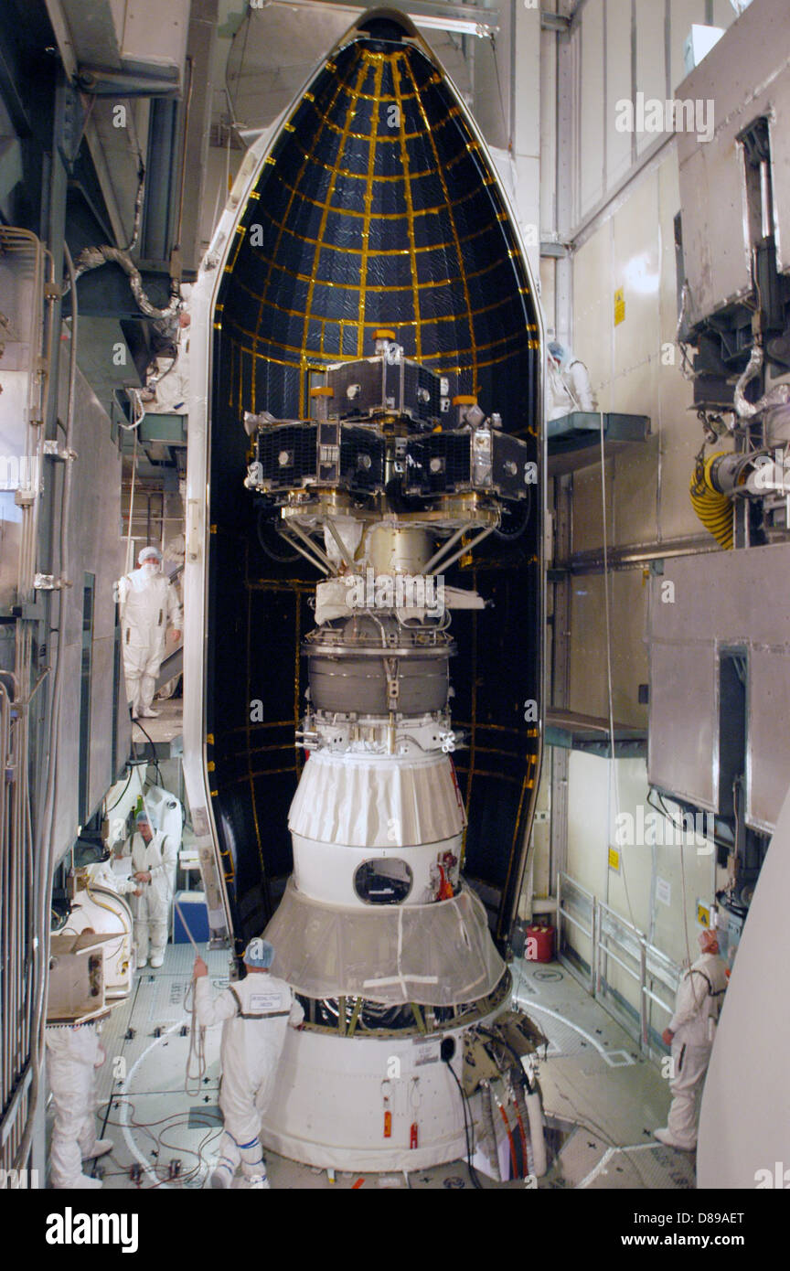 The Delta II 7925-10C rocket is prepared for the installation of its ...