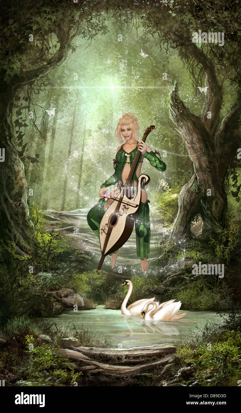 A beautiful Elf play chello in the forest. Swans swimming in the river ...