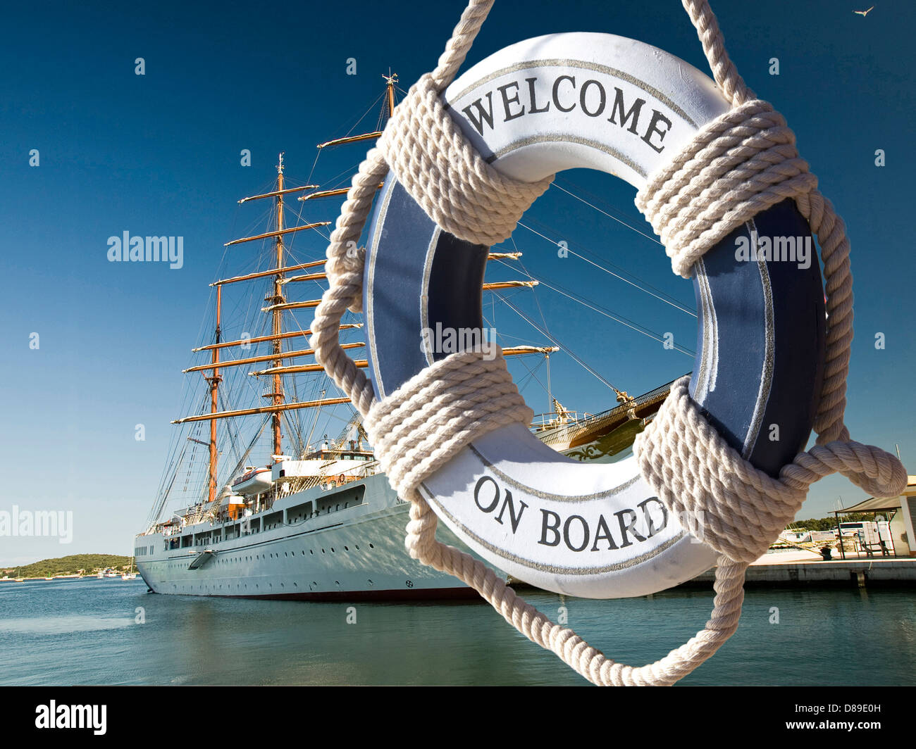 view on the sailing ship thrue blue safe belt with welcome on board ...