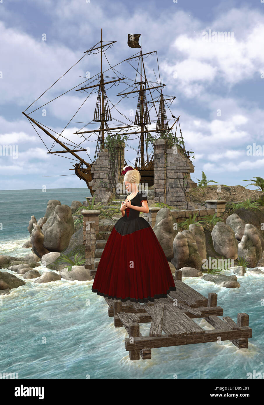 A beautiful woman standing on a deserted island. Behind the island ...