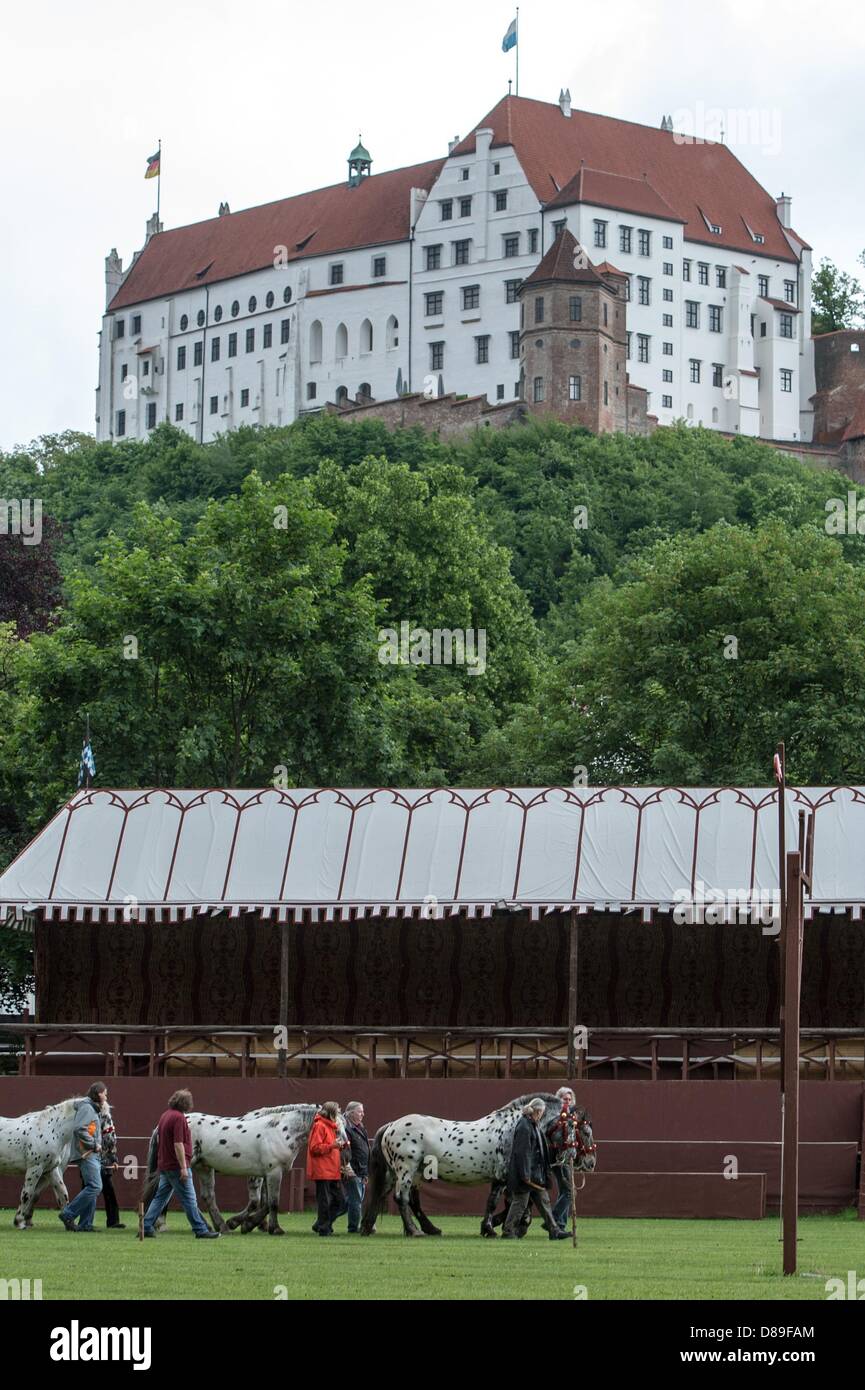 Horses are being lead on the tilt yard of the Landshut Wedding beneath ...