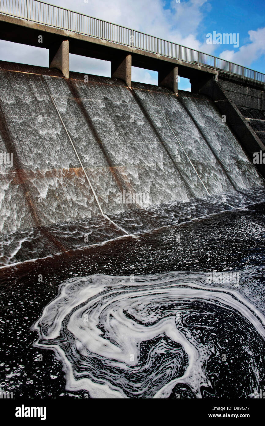 Water cascading down Crowdy Reservoir dam Bodmin moor near Camelford ...