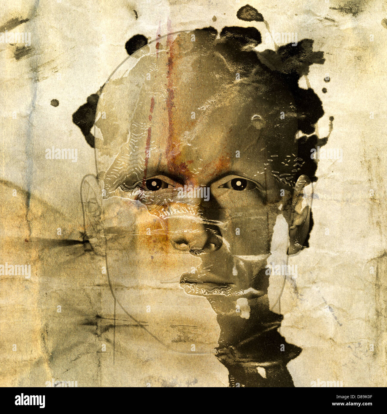 Rough sketch of man on grungy paint stained paper background. 3d ...