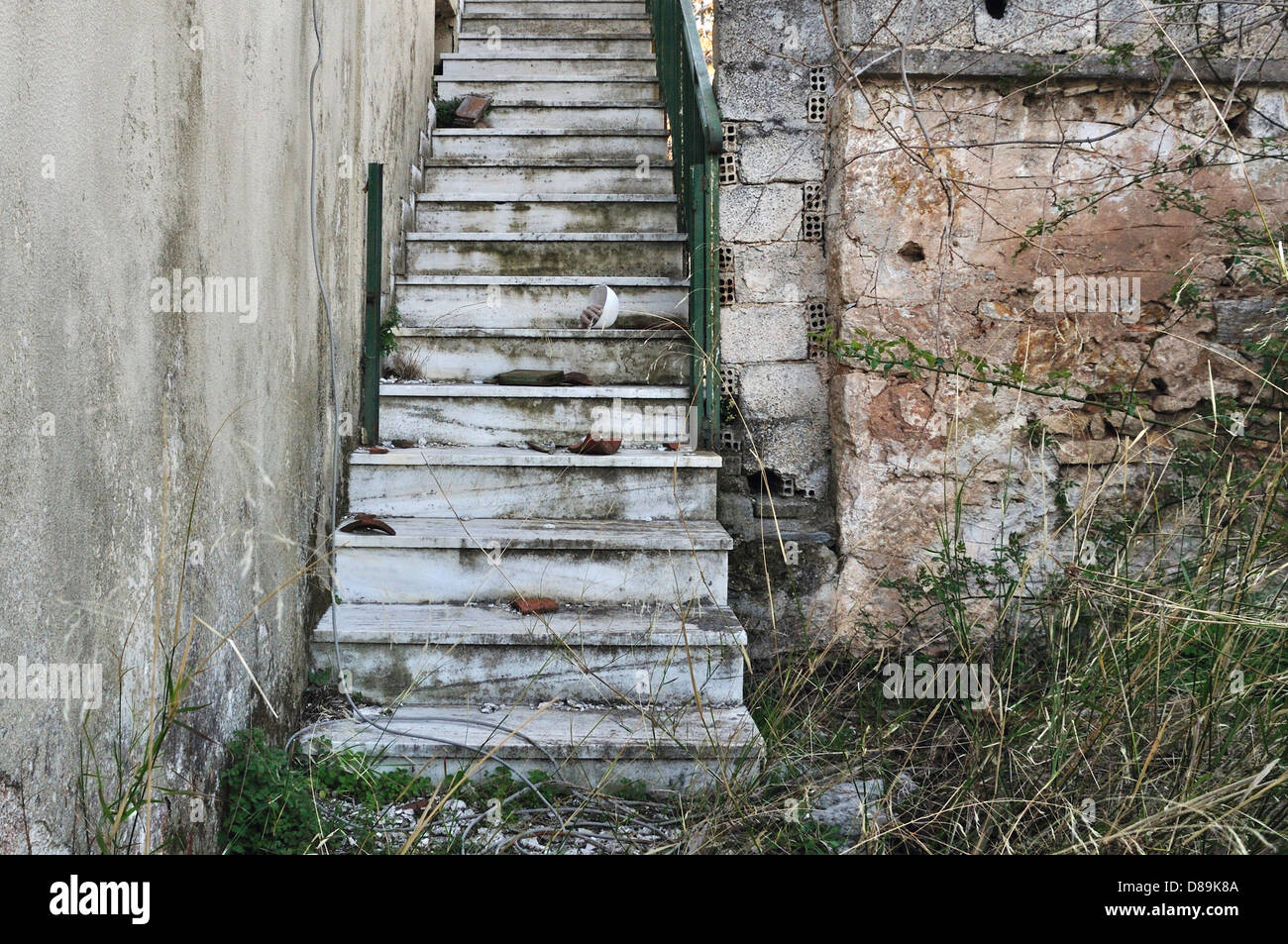 Abandoned house staircase, crumbling wall and overgrown plants Stock ...