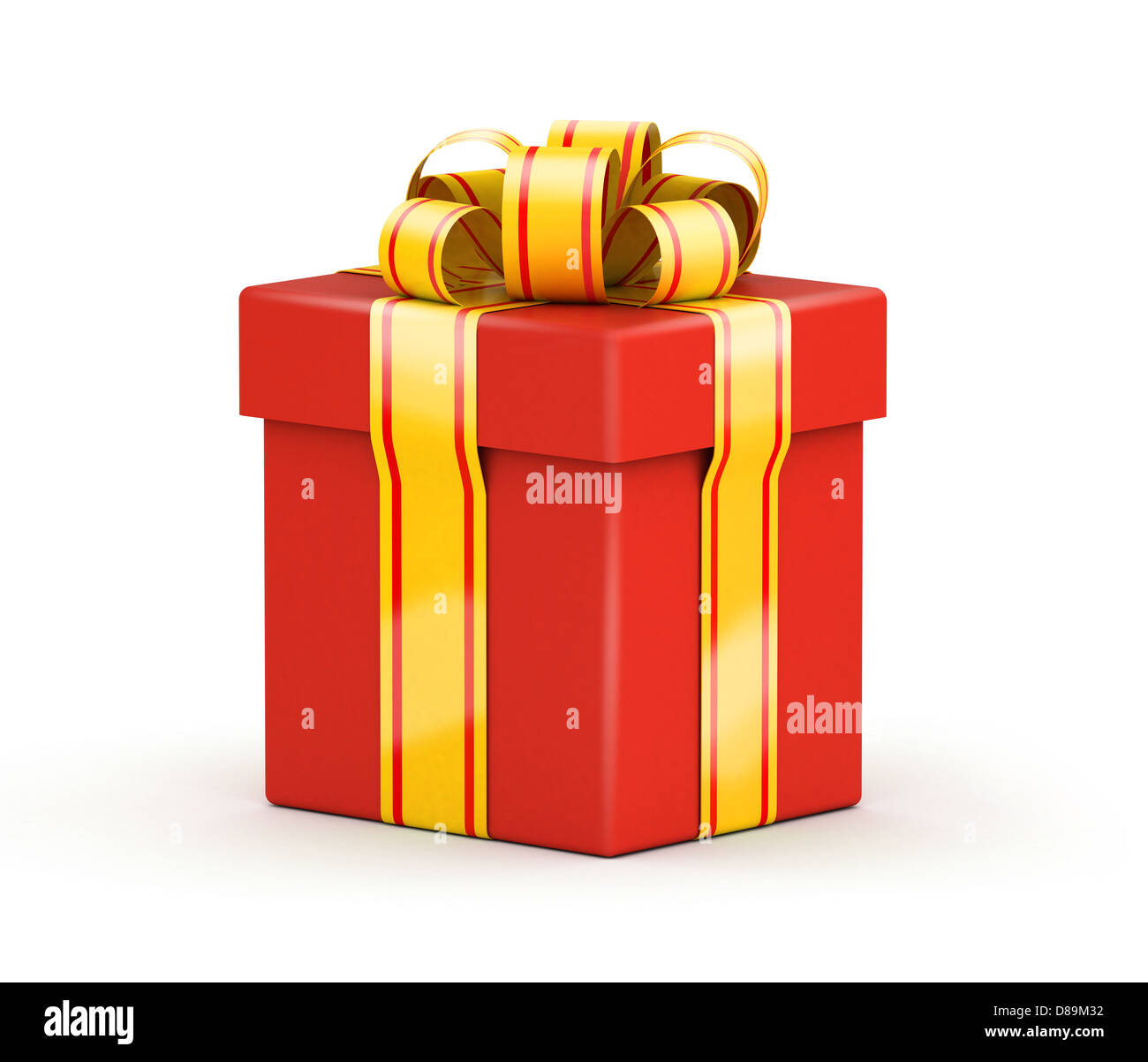 Tall red gift box with yellow ribbons on white background Stock Photo ...