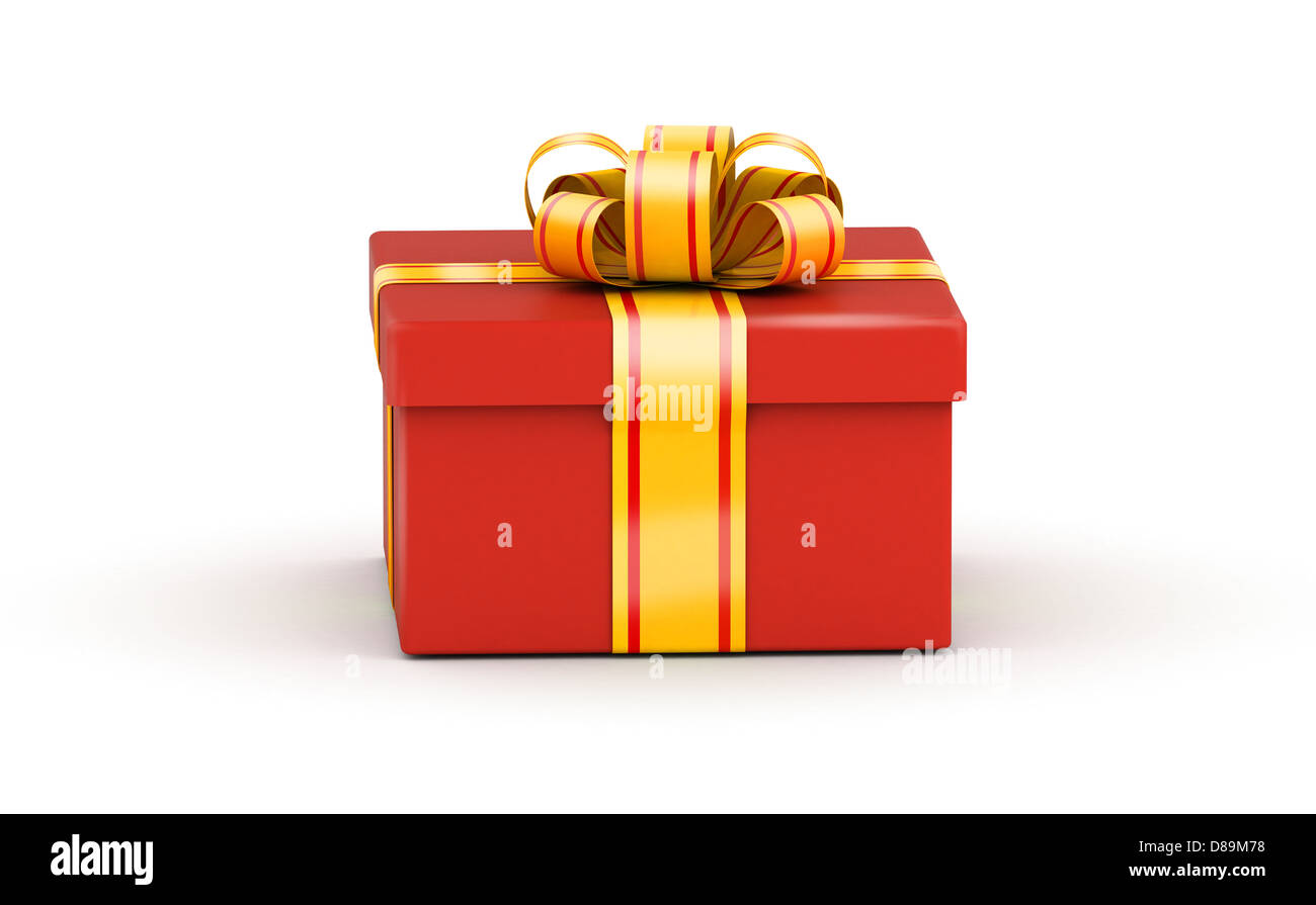 Square red gift box with yellow ribbons on white background Stock Photo ...