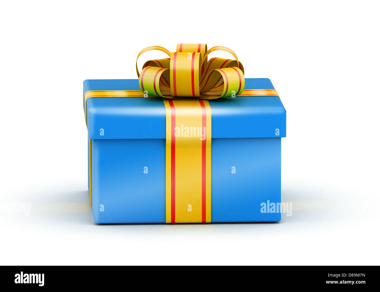 Square blue gift box with yellow ribbons on white background Stock ...