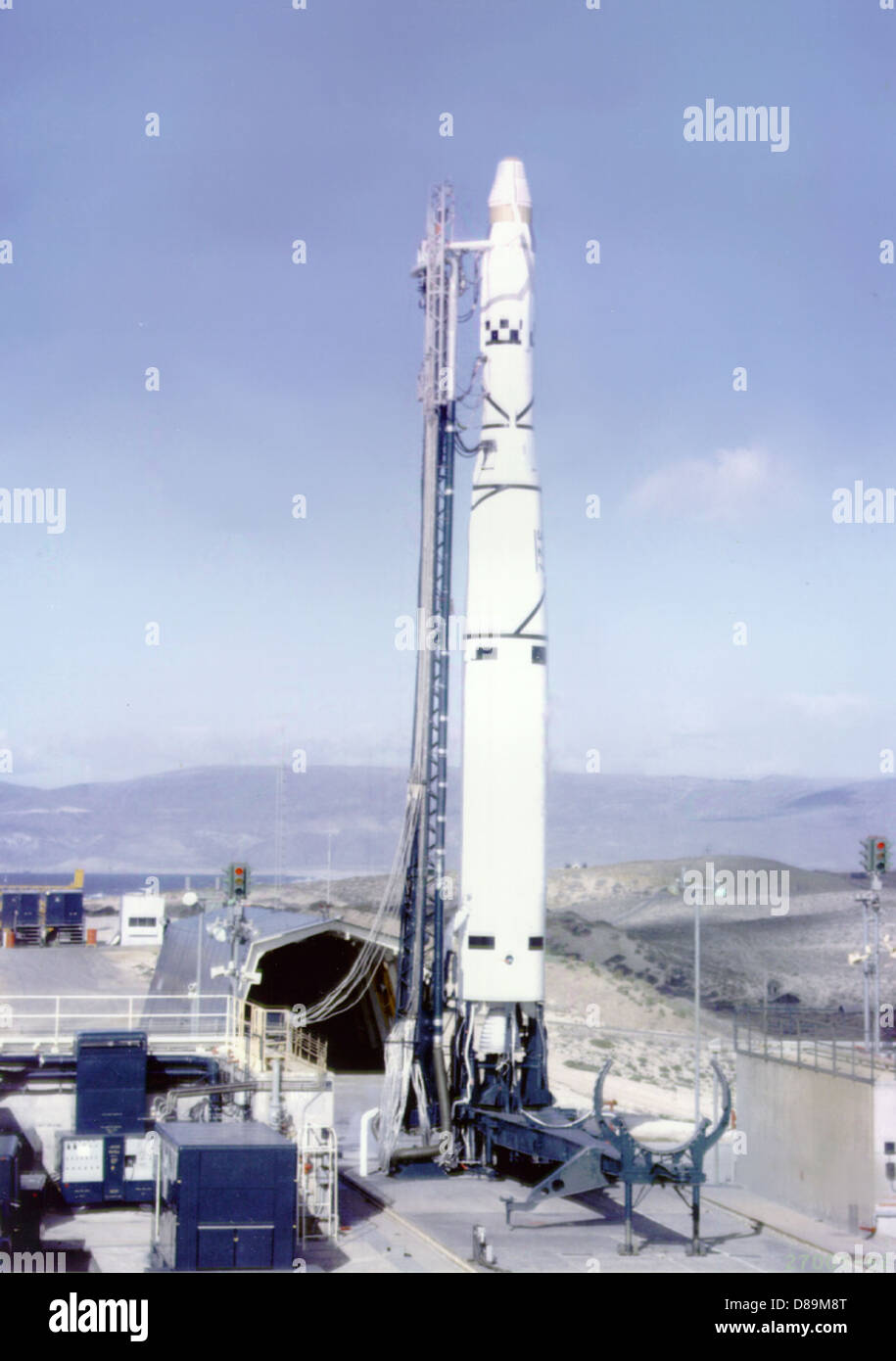 The Thor Agena B rocket with Discoverer 37 payload is prepared for ...