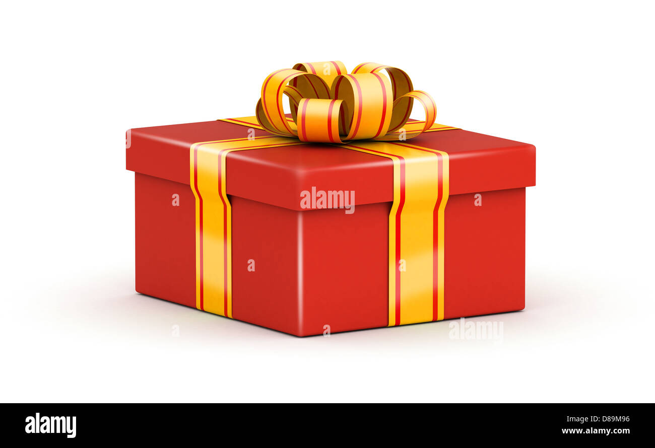 Wide red gift box with yellow ribbons on white background Stock Photo ...