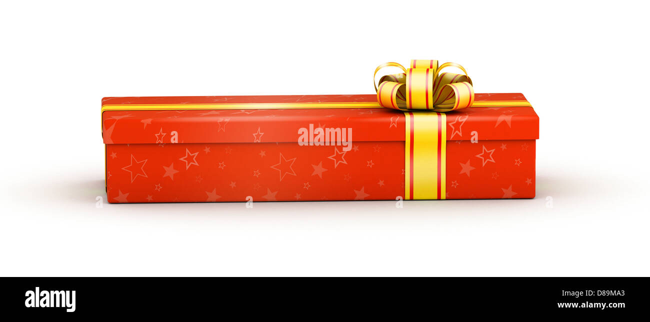 Long red gift box with yellow ribbons on white background Stock Photo ...