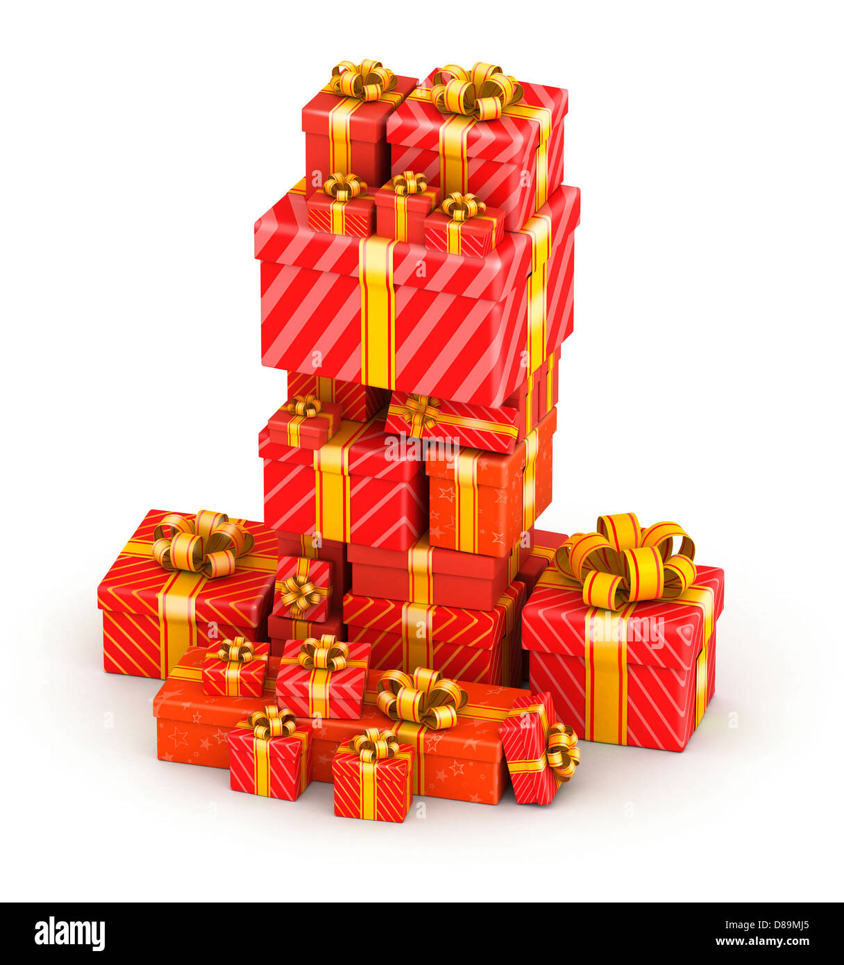 Tall tower pile of red gift boxes with yellow ribbons Stock Photo - Alamy