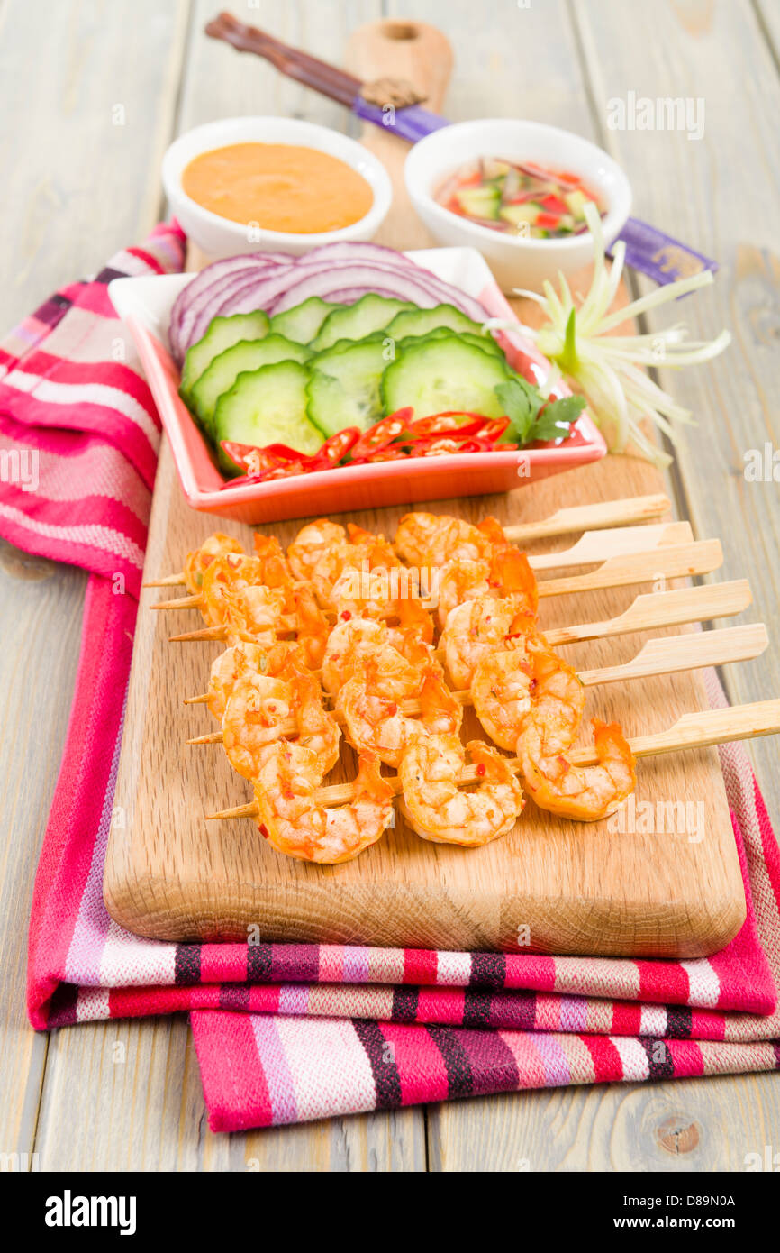Sate Goong - Thai prawn satay with cucumber and onion relish and peanut ...