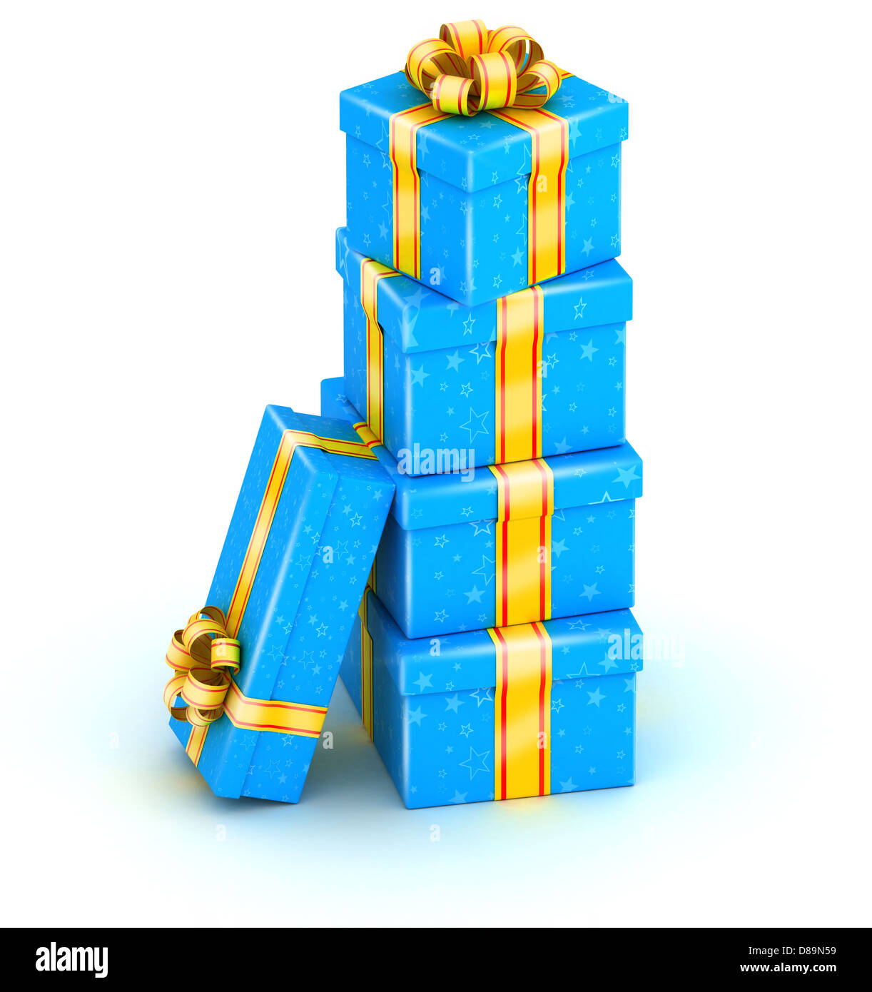 Stack of five blue gift boxes with gold ribbon Stock Photo - Alamy
