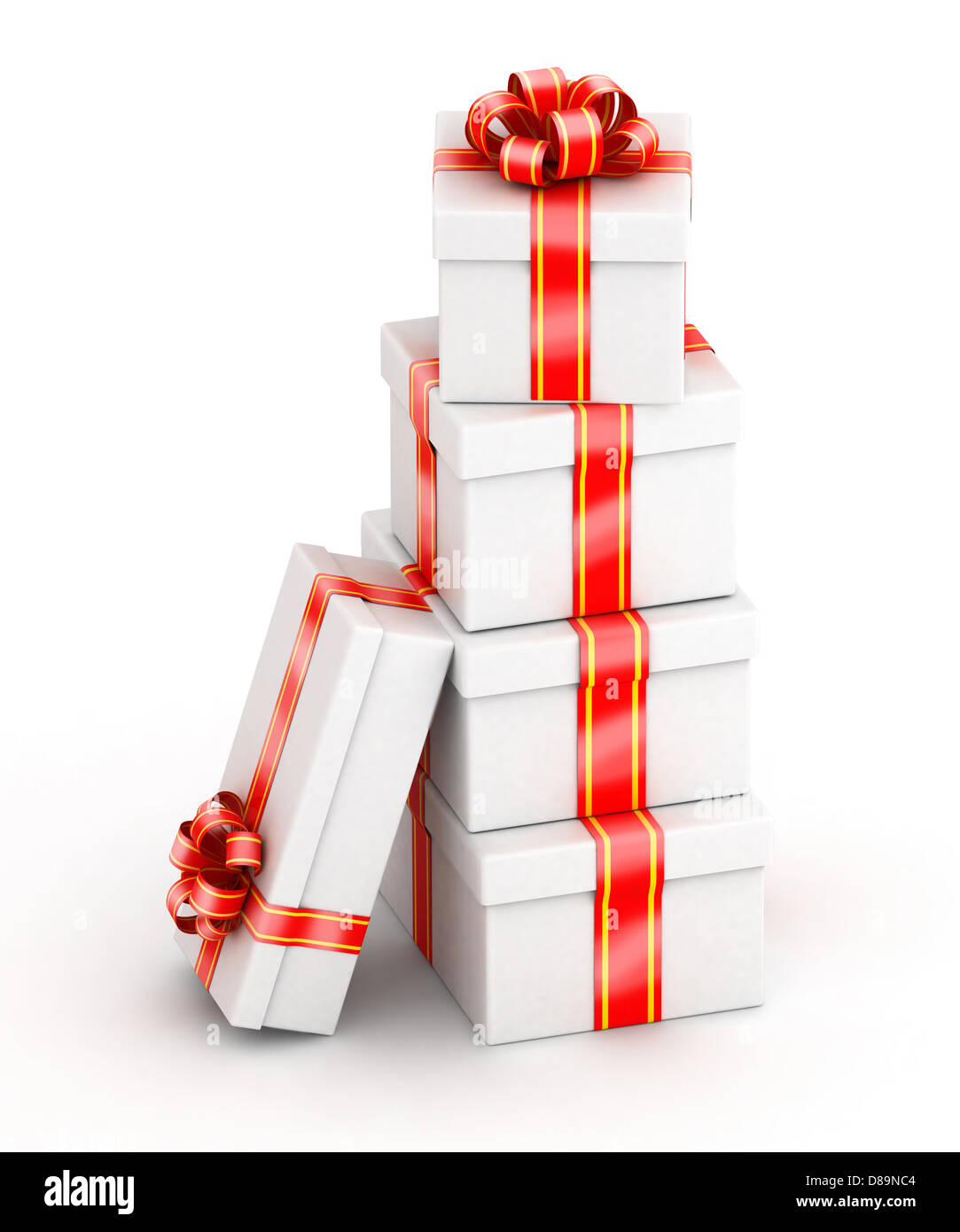Tower stacks of white gift boxes with red ribbon Stock Photo - Alamy