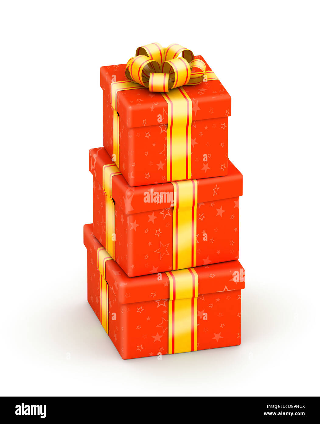 Stack of three red gift boxes with gold ribbon Stock Photo - Alamy