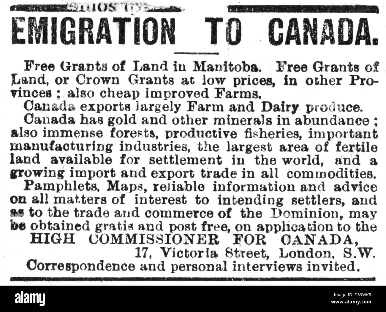 ADVERT FOR CANADA Stock Photo - Alamy
