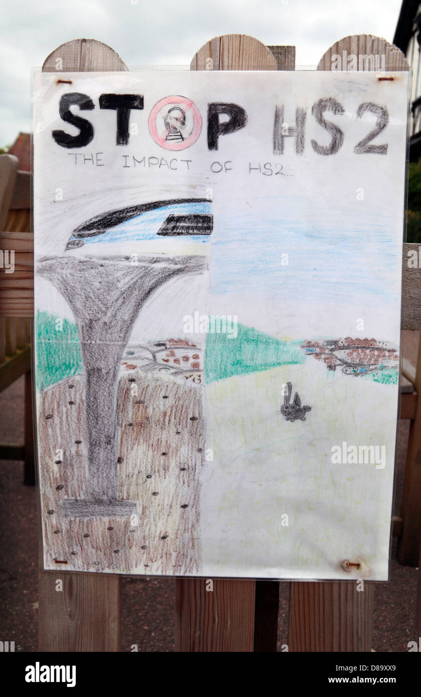 A child's hand drawn "Stop HS2" posters on a fence in Wendover ...