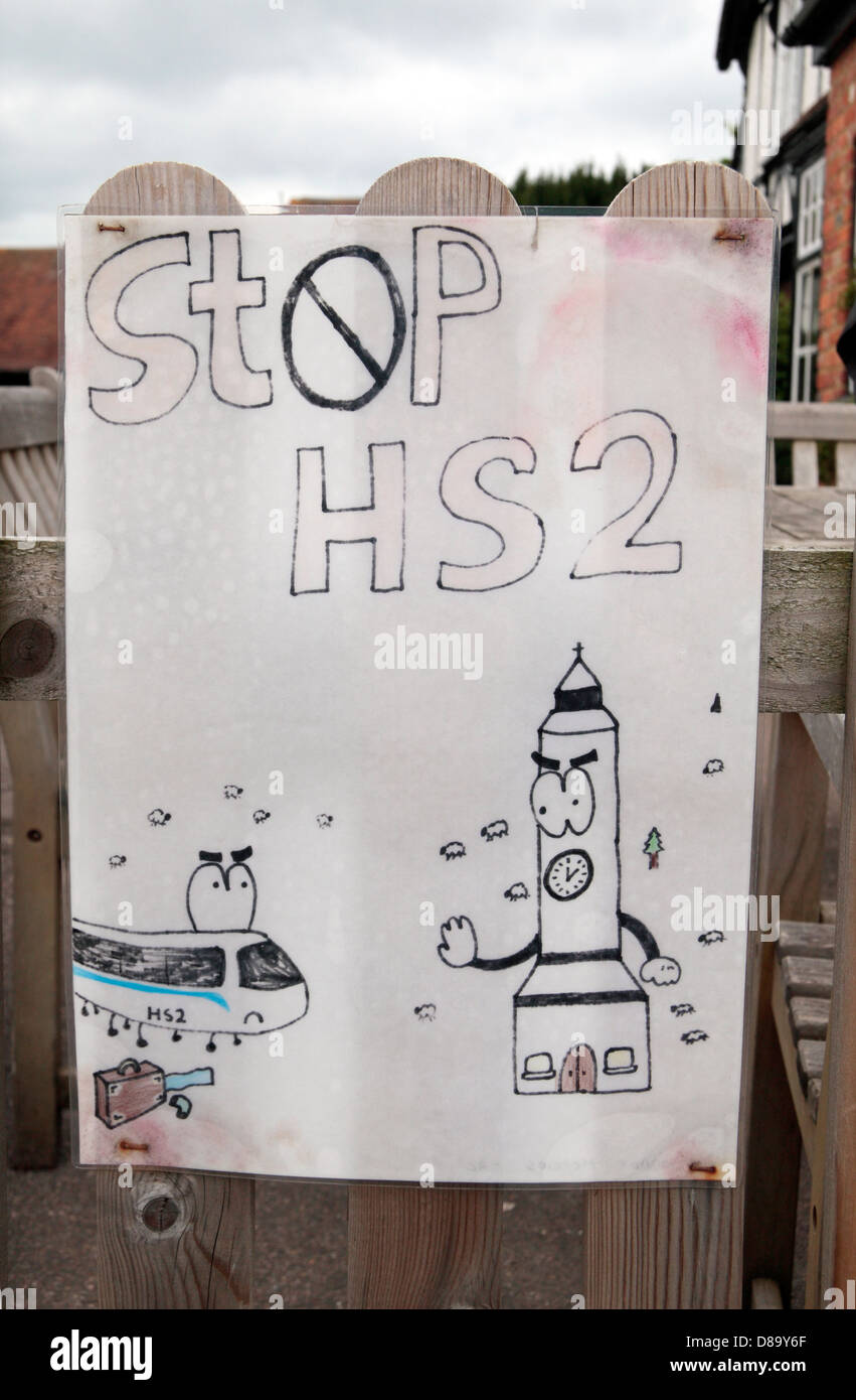 A child's hand drawn "Stop HS2" posters on a fence in Wendover ...