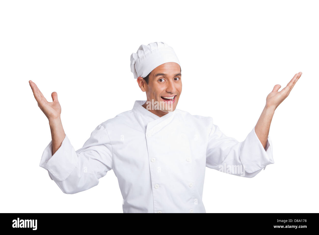 Male chef smiling and making hand gesturing isolated on white Stock ...