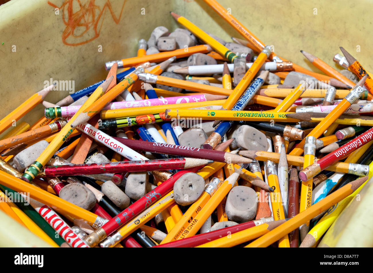 A box of pencils and erasers Stock Photo - Alamy