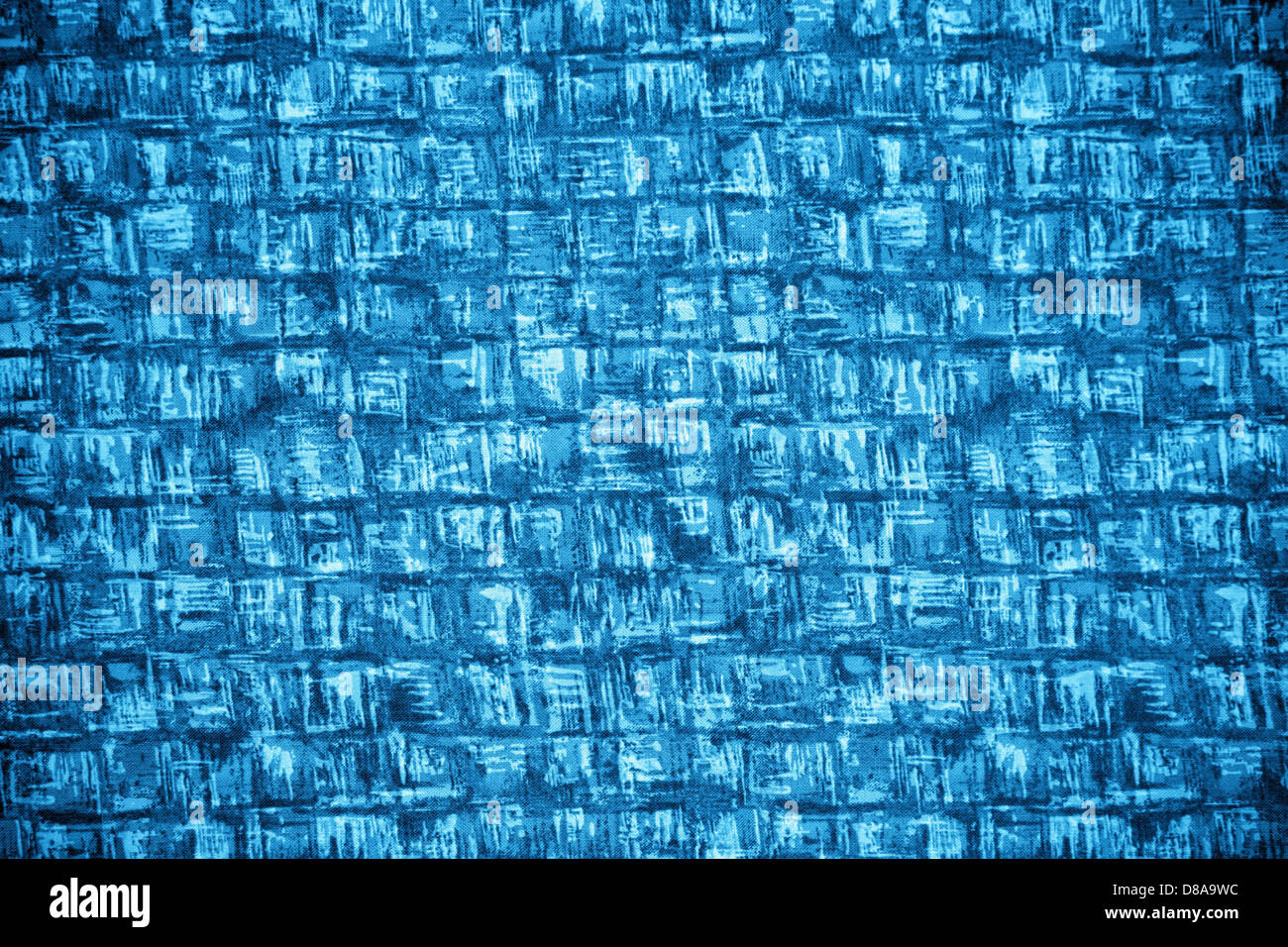 A close-up view of a fabric with azure blue abstract square patterns ...