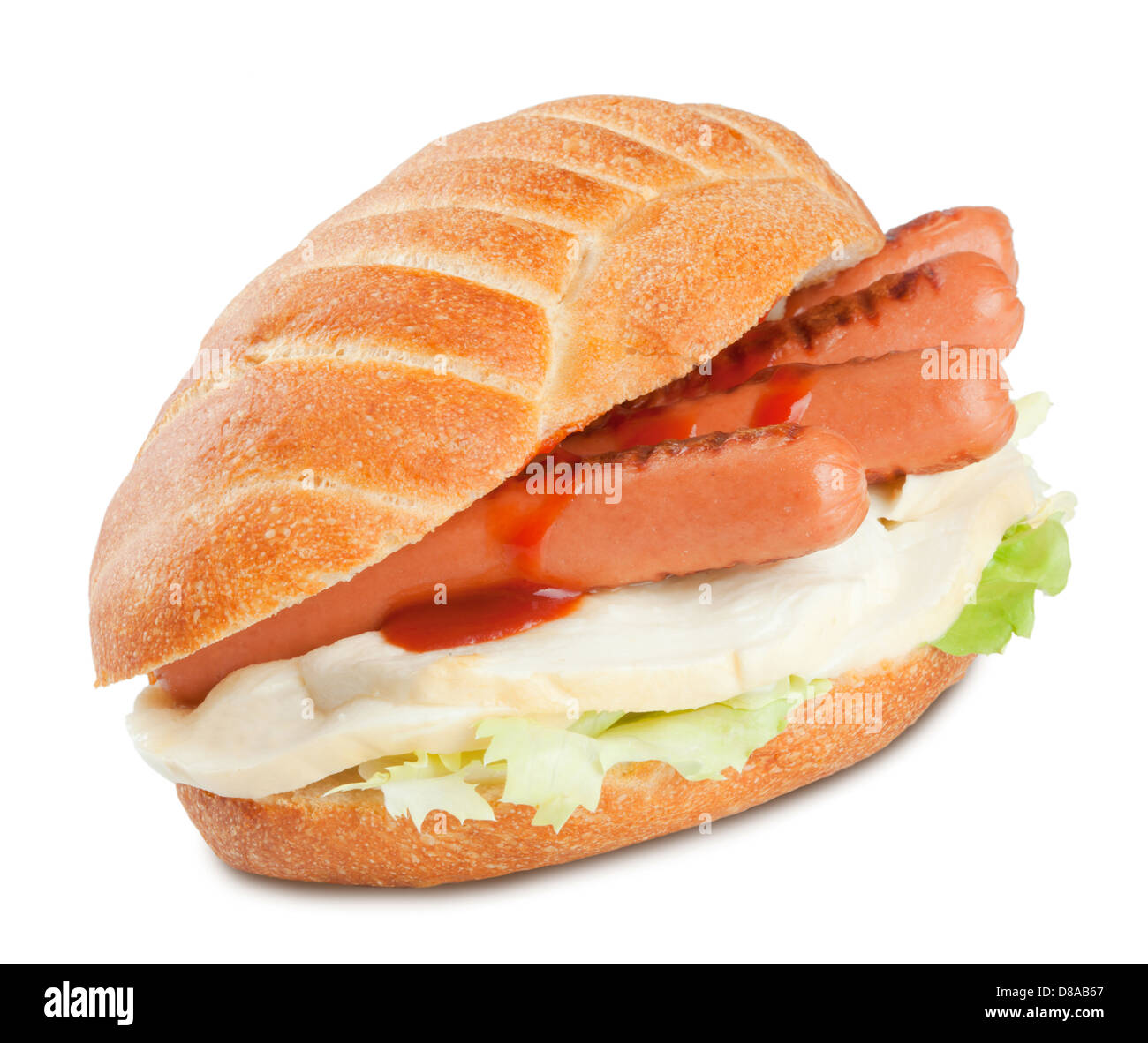 Sandwich with sausage ketchup salad and mozzarella cheese Stock Photo ...