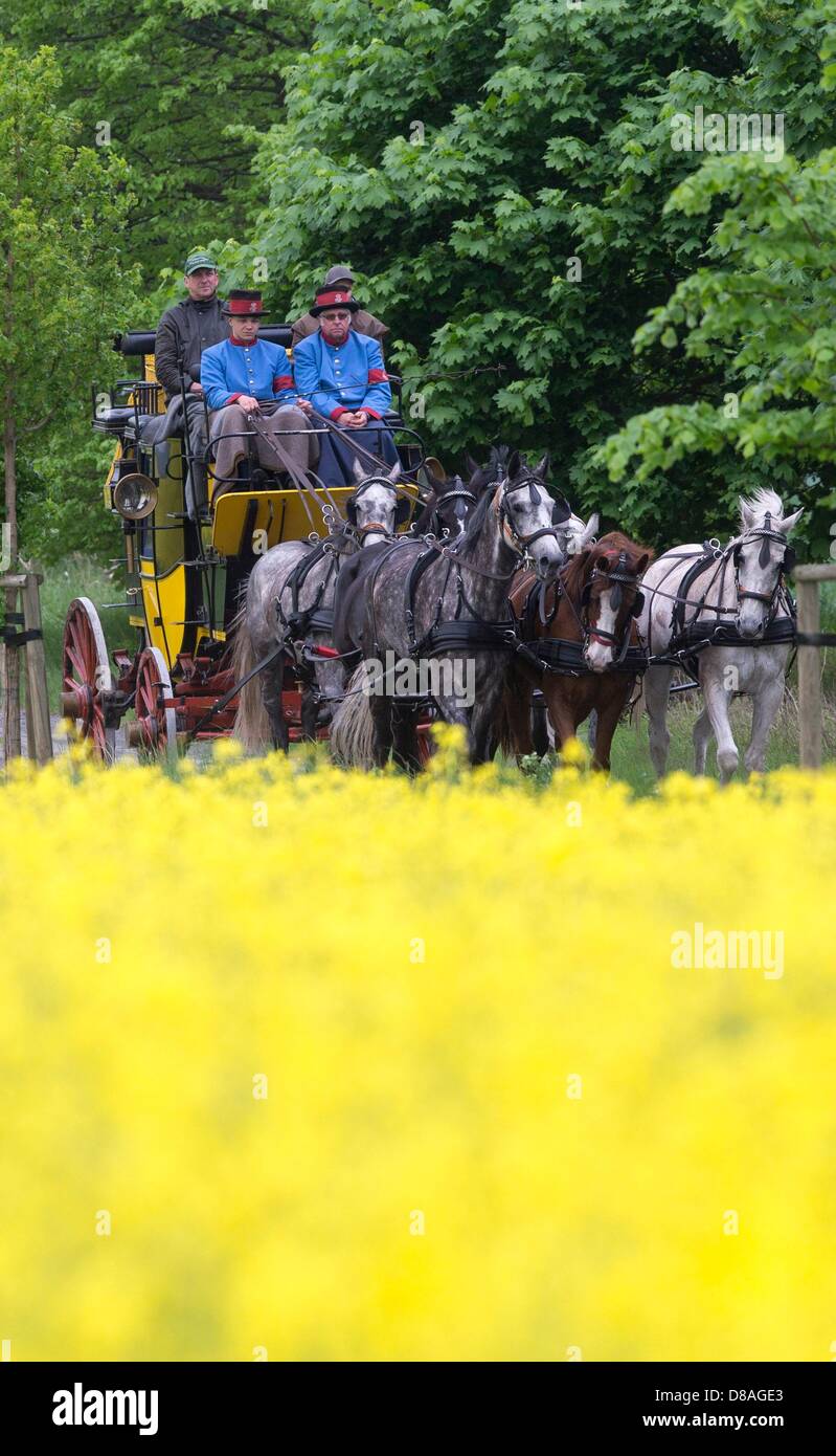 A seven horse-drawn stagecoach goes along a road between Parchim and ...