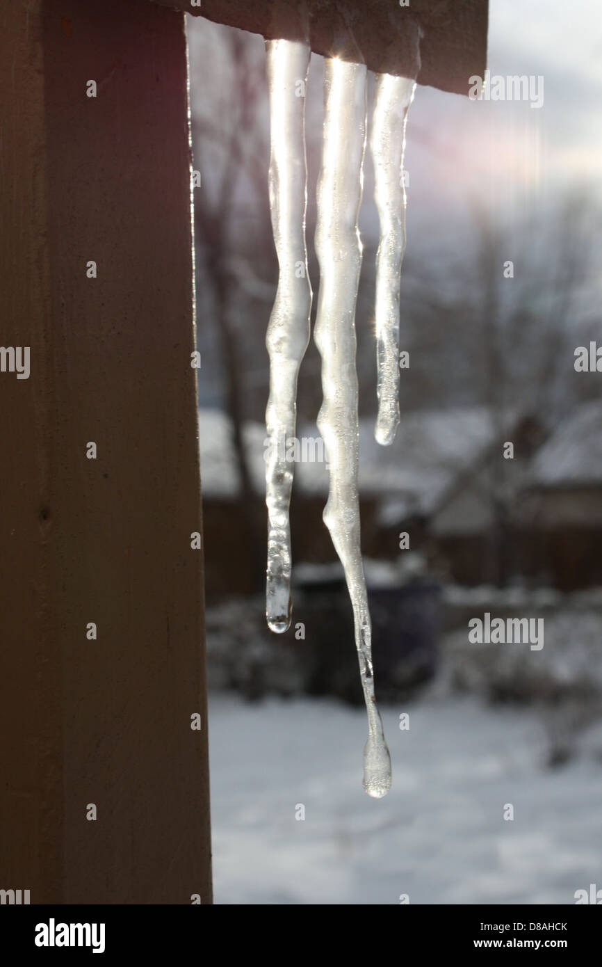 Sunlight shines through a series of hanging icicles, creating a ...