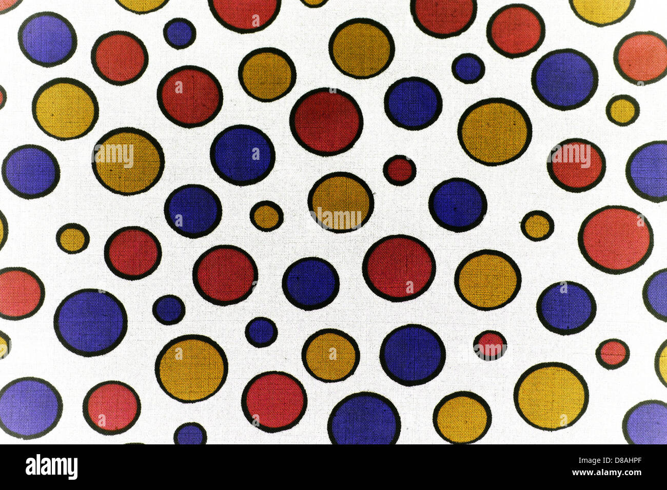 This image features a white fabric with a pattern of blue, red, and ...