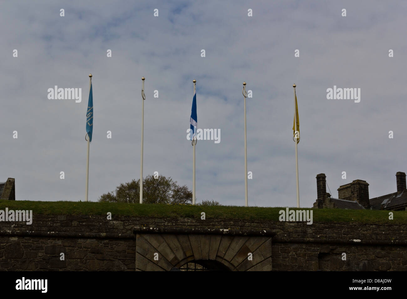 Furled Scottish Flag at the top of entrance gate of the Stirling Castle ...