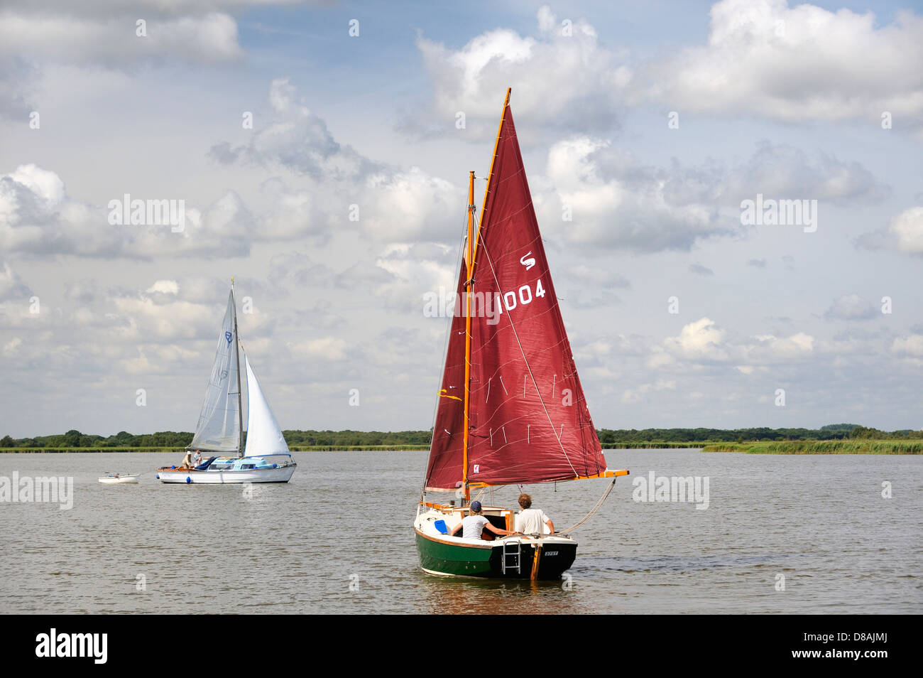 Pleasure boats sailing on Horsey Mere, one of the Norfolk Broads ...