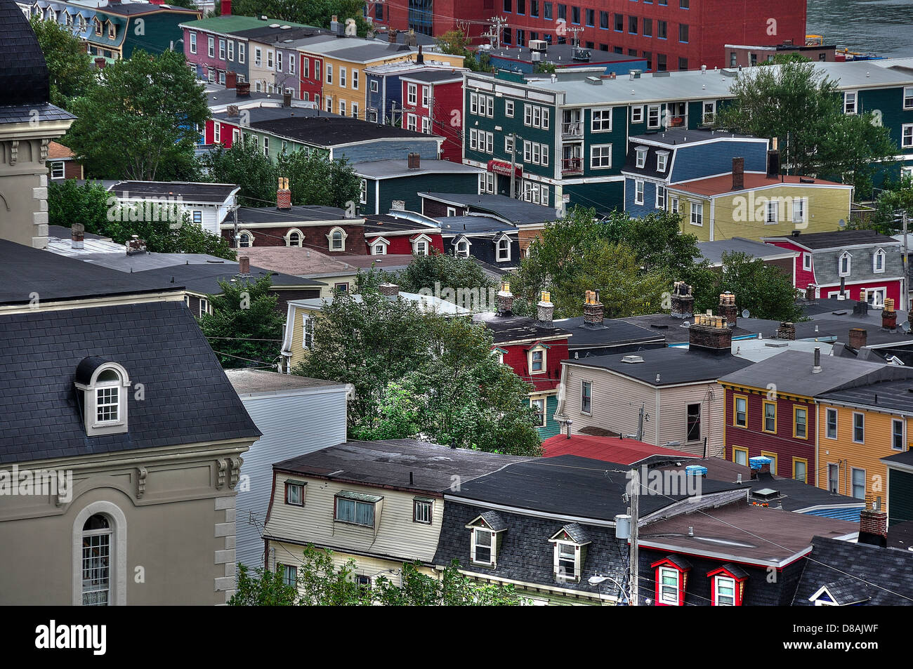 Oblique overhead view of colourful homes of downtown district of St ...
