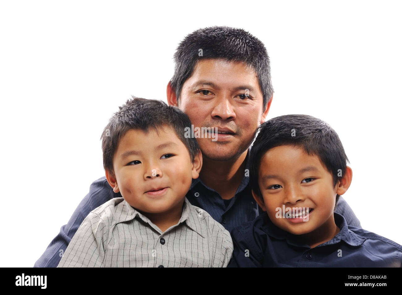 Asian father hug sons looking happy and smiling in front of isolated ...