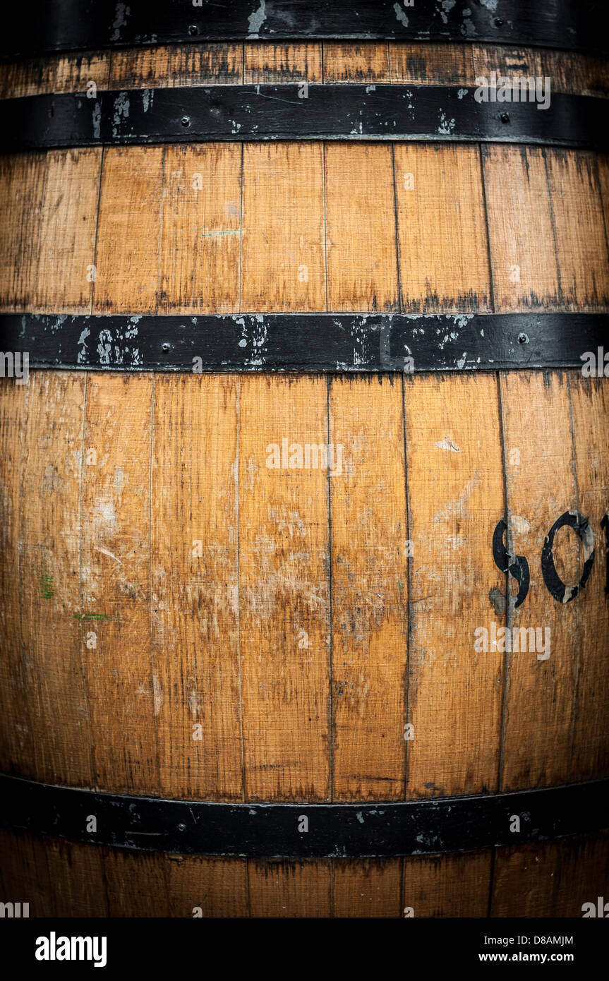 Detail of wooden barrel with iron hoops. Two different textures of wood ...